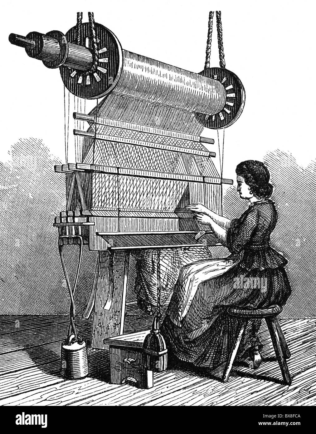 people, professions, weaver, feeding a chain, wood engraving, 19th ...