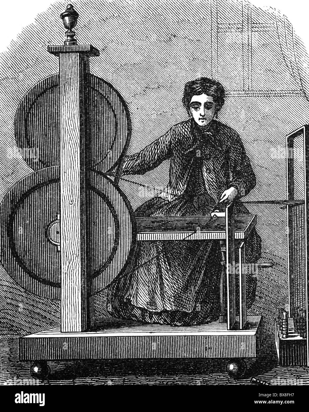 technics, machines, bobbin wheel for weft, wood engraving, 19th century ...