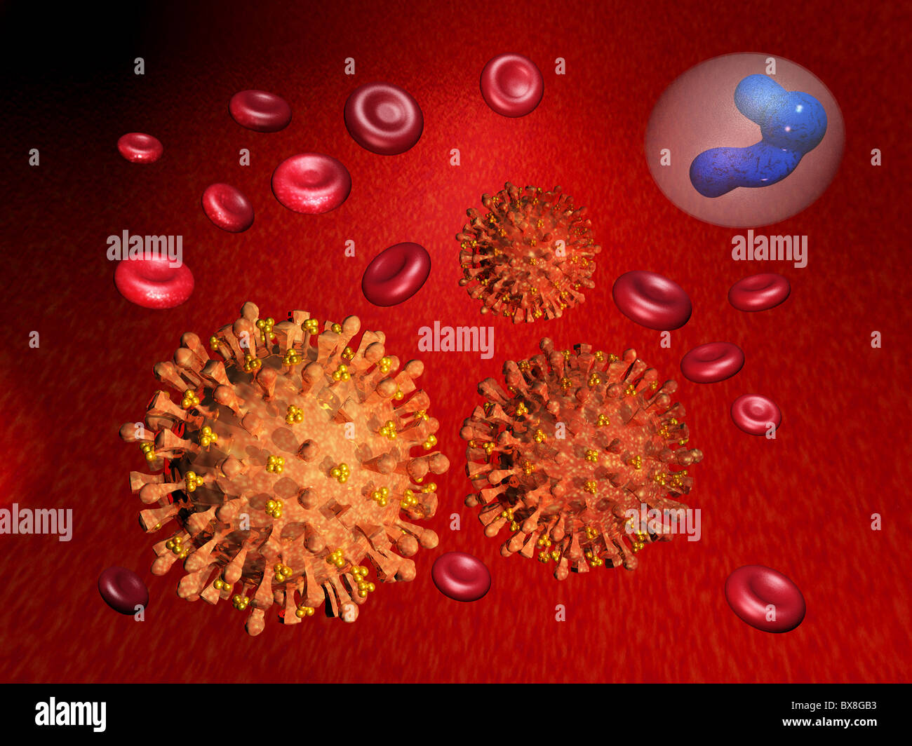 Illustration of influenza virus particles floating in the blood Stock ...