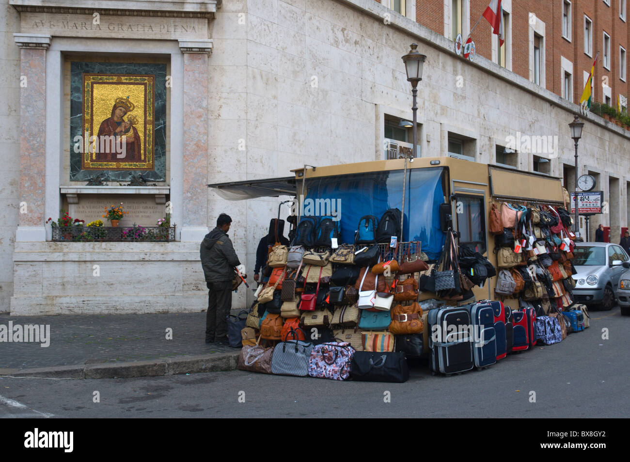 Bag stall just outside the walls of the Vatican in Borgo district Rome ...