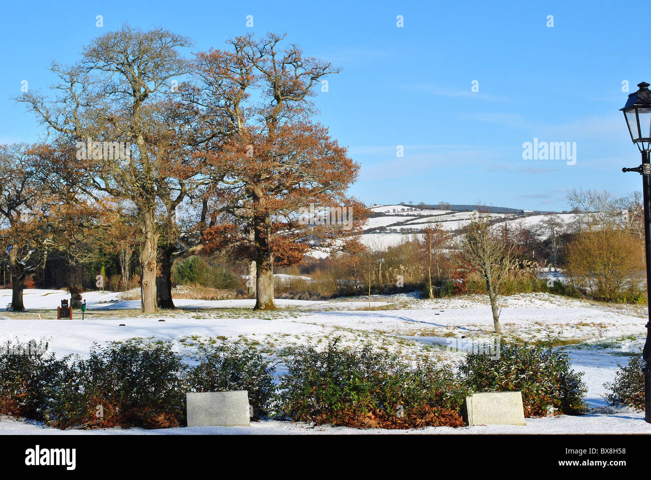 first fall of snow on a golf course in wicklow ireland Stock Photo - Alamy