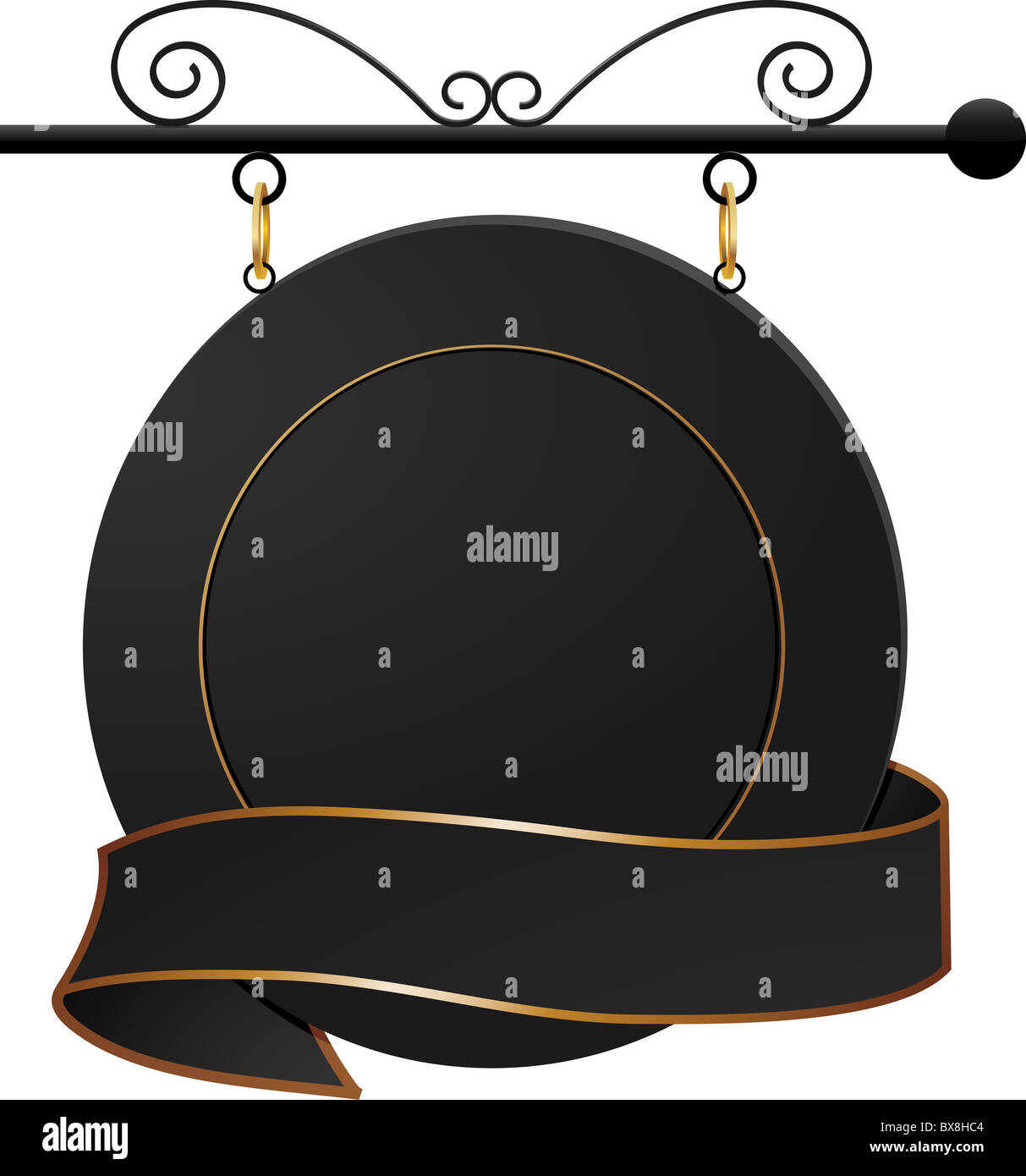 Black cafe or pub sign and banner hanging from a black ornate pole ...