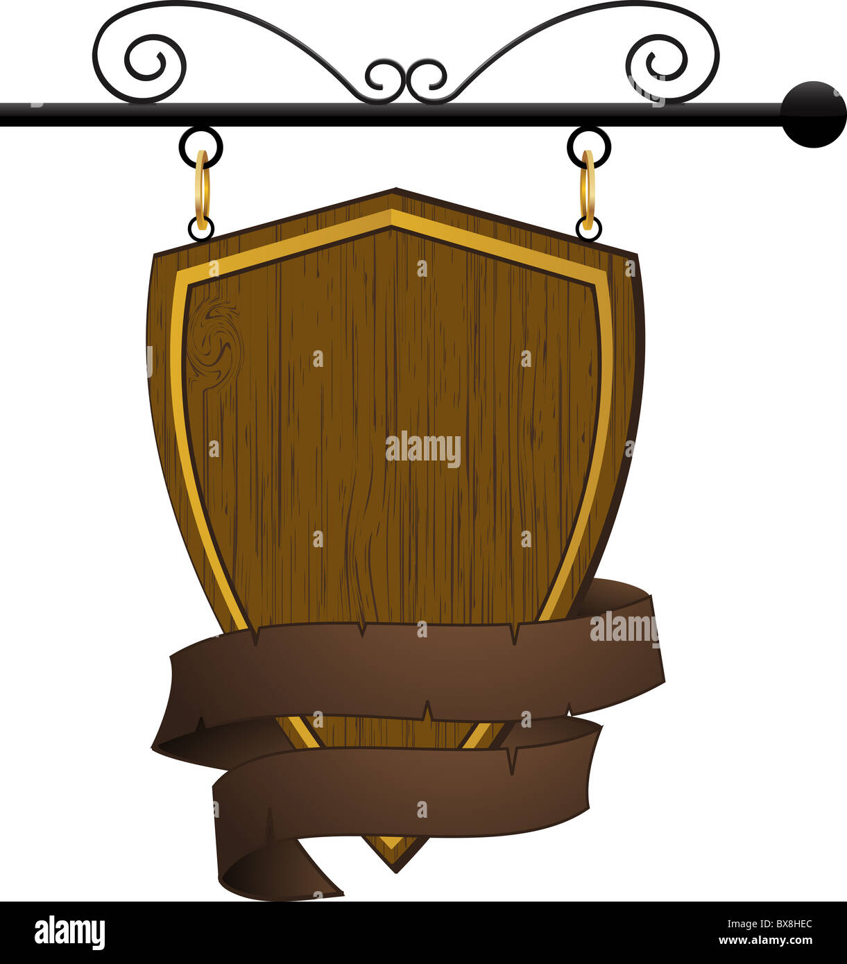 Wooden shield and banner hanging by a chain from a metal pole Stock ...