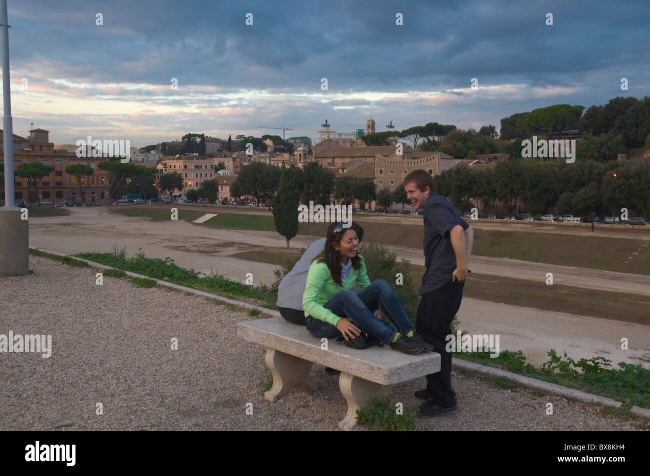Young tourists at Belvedere Romolo e Remo platform over Circus Maximus ...
