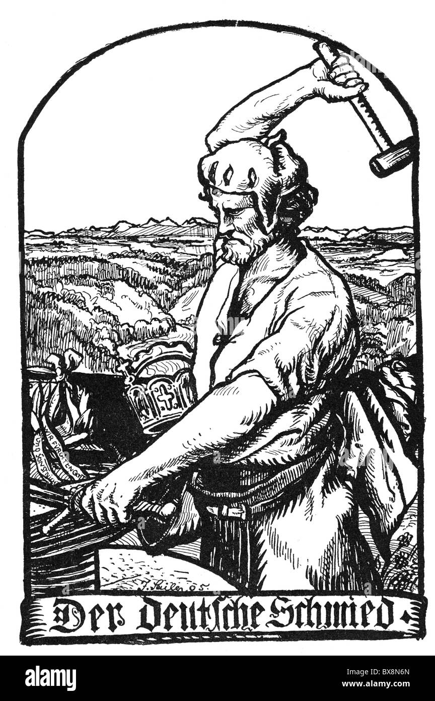 people, professions, smith, "The German Smith", linocut, 1905 ...