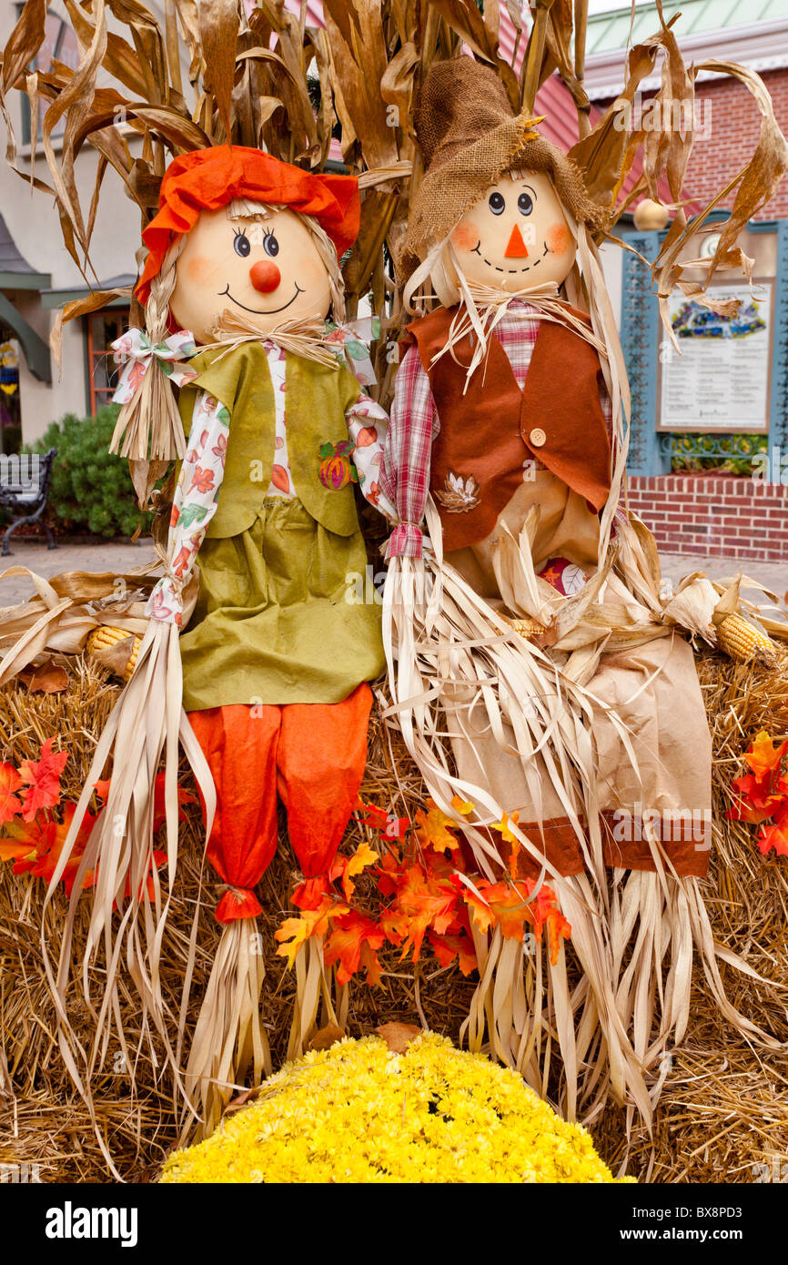 A fall display of scarecrows, pumpkins and corn stalks at the Grand ...