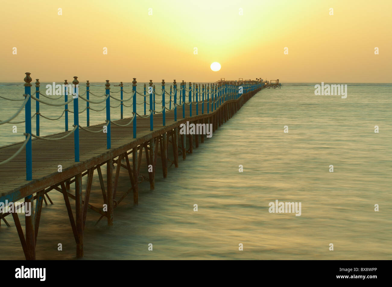 Landscape - Sunrise on Red Sea - bridge, blue water waves, sun, yellow ...