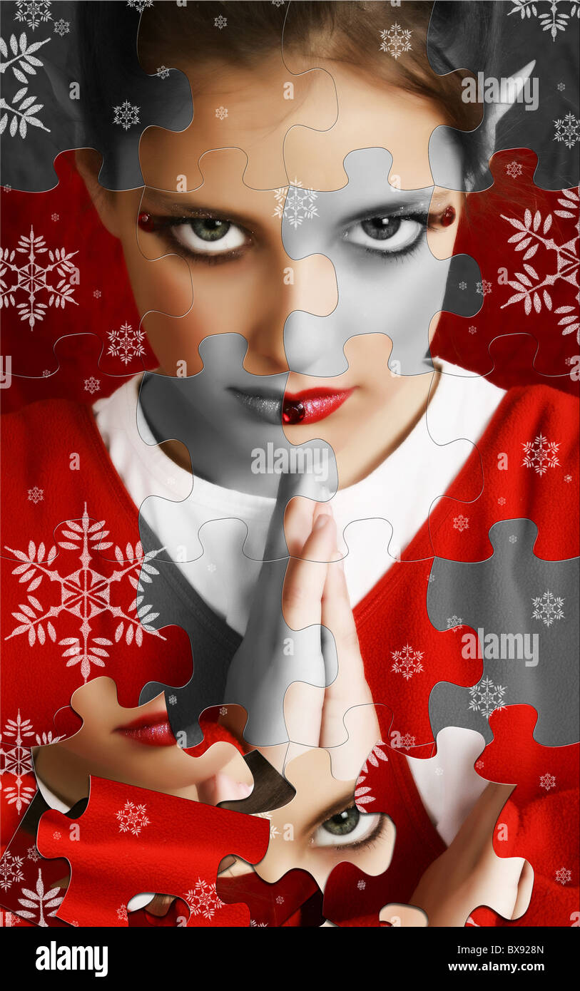 Beautiful christmas elf puzzle with color pieces over black and white ...