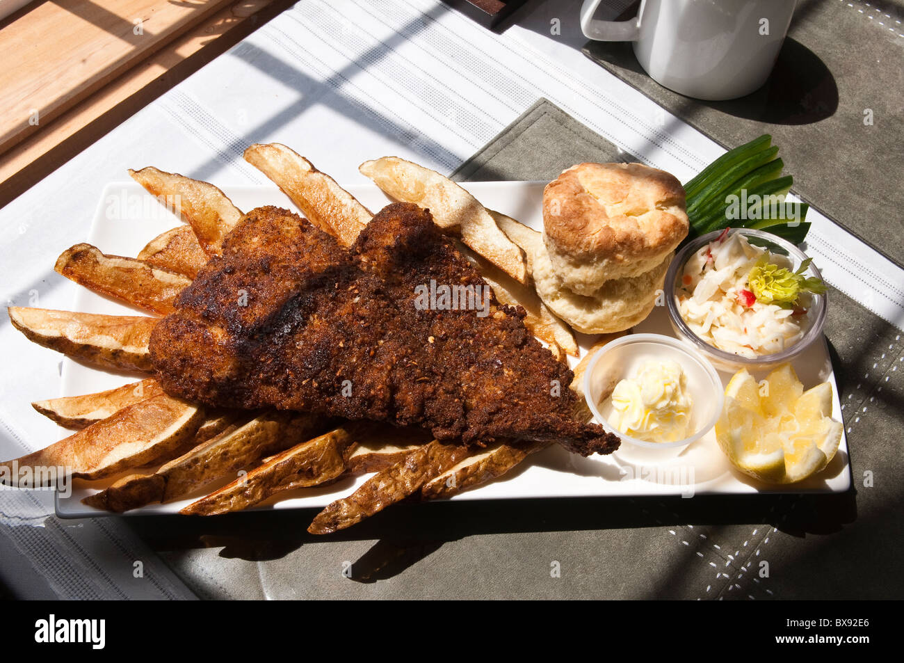 Fish and chips platter at the Fiddlin Lobster restaurant, Souris ...