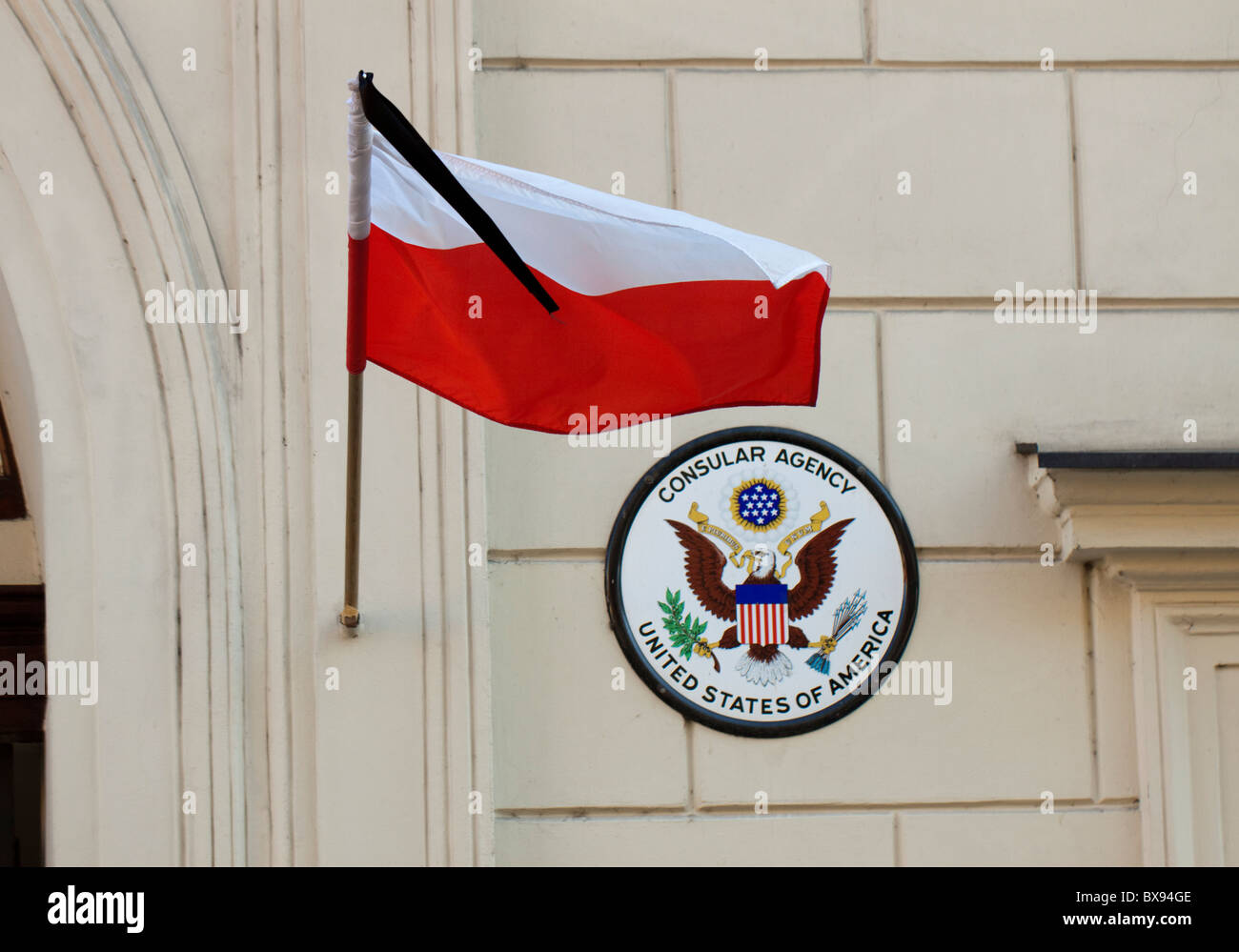 Polish flag with a mourning ribbon hung at the American consulate in ...