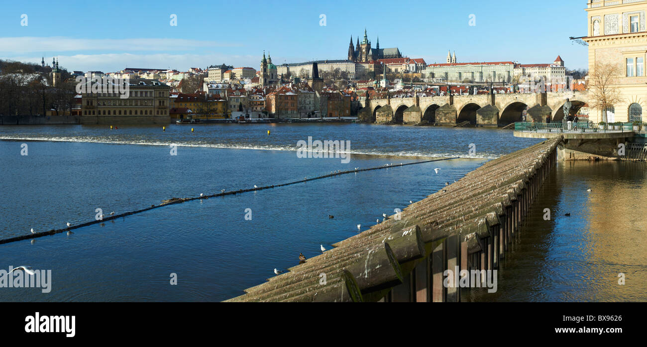 Prague Castle, Charles Bridge, Vltava river, Czech Republic - panoramic view Stock Photo - Alamy