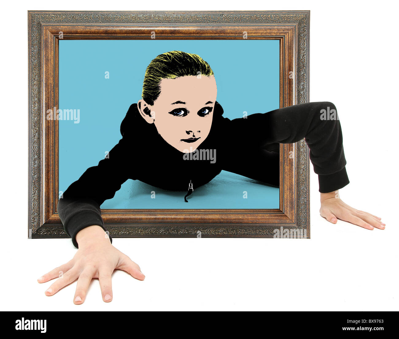 Real child crawling out of framed pop art on floor Stock Photo - Alamy