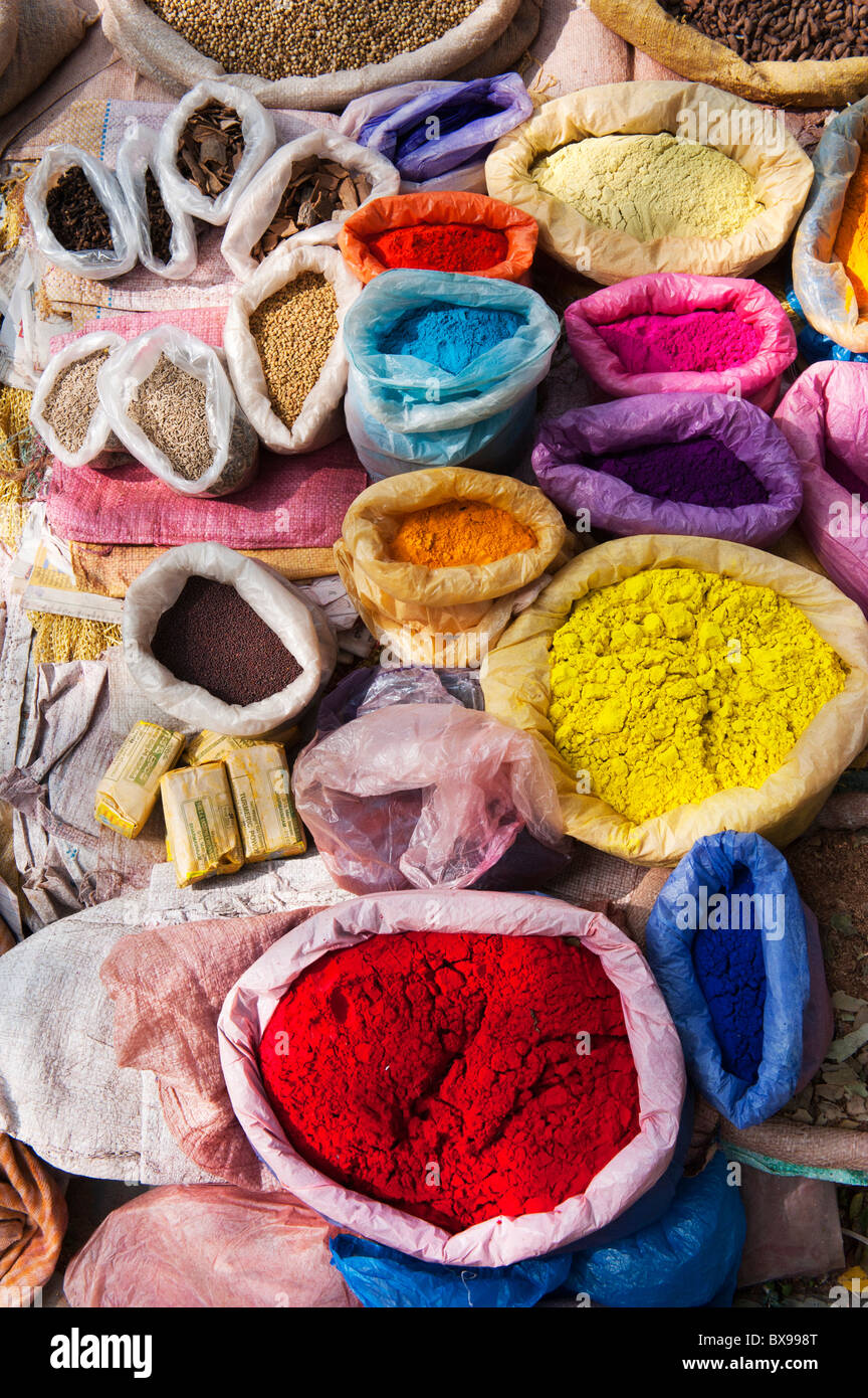 Bags of coloured powder at an Indian street market. Andhra Pradesh ...