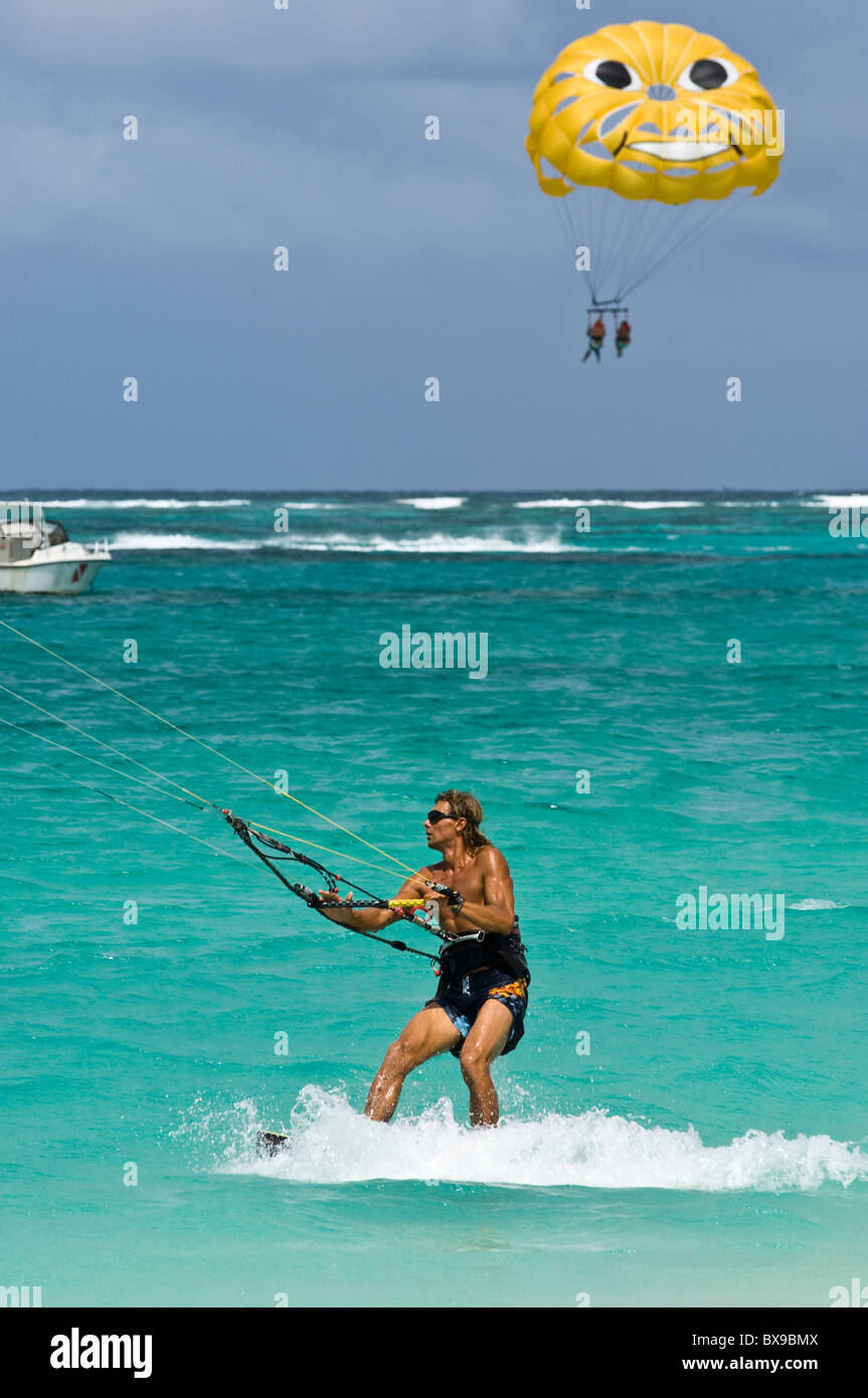 Kiteboarding or kitesurfing on Orient Beach St. Martin st Maarten Stock ...