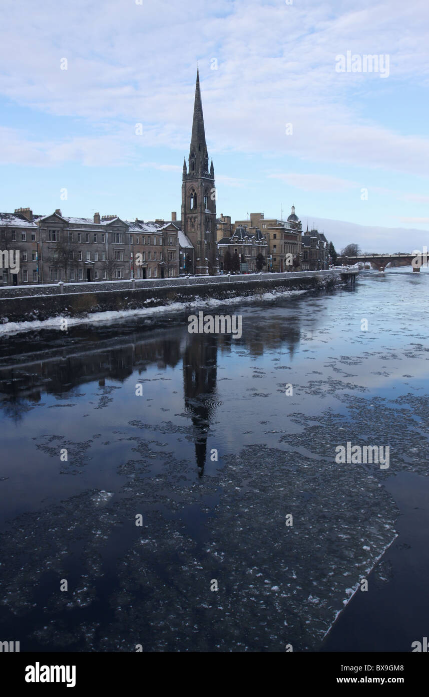 St Matthews Church reflected in River Tay in winter Perth Scotland ...