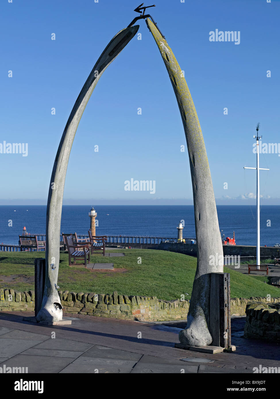 Looking through whale bone whalebone arch in winter West Cliff Whitby ...