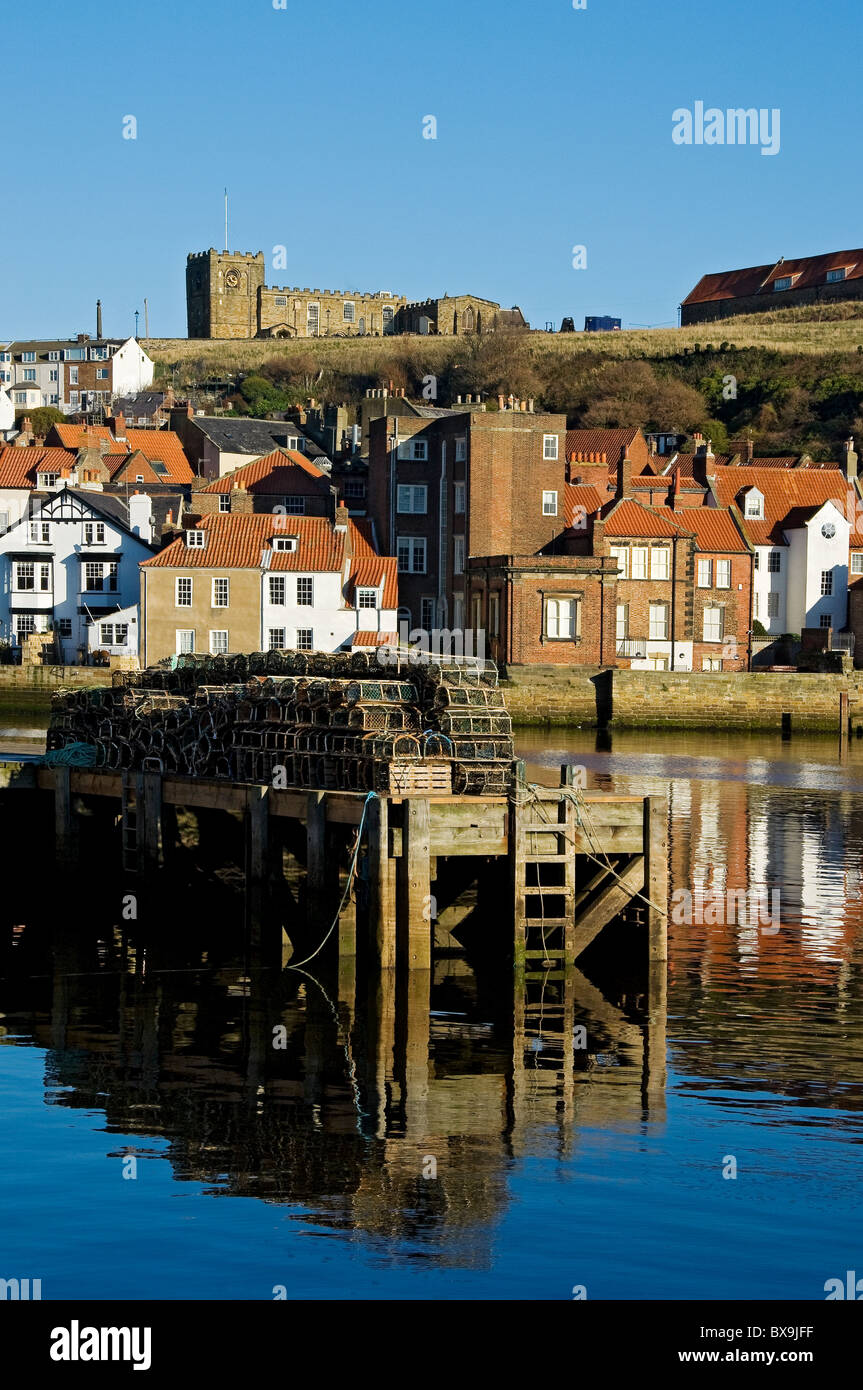 Looking towards St Mary's Church from Whitby Harbour quayside in winter ...