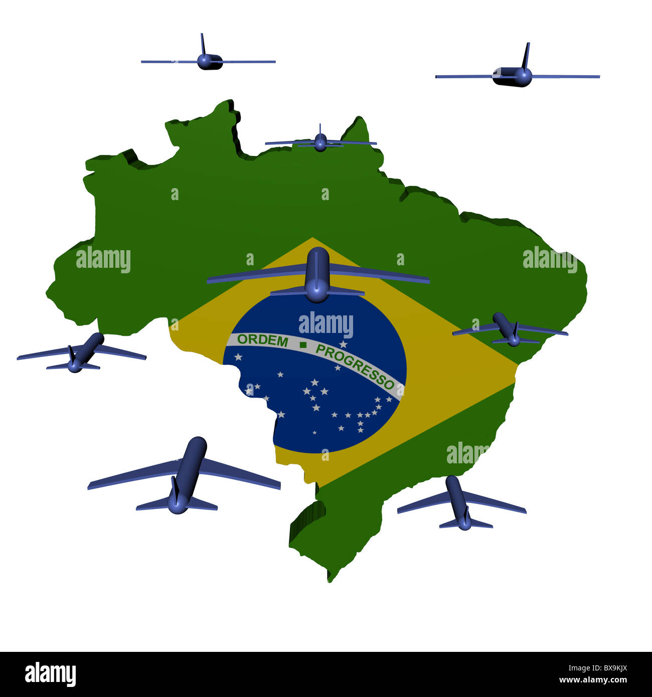 Abstract planes flying towards Brazil map flag illustration Stock Photo ...