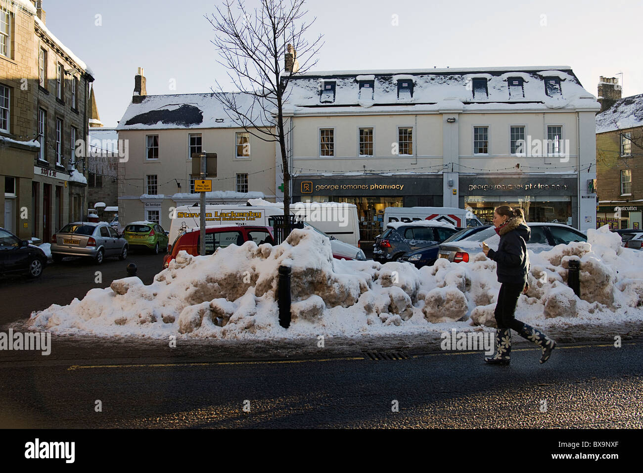 Snow in market sguare.Duns.Scottish borders Stock Photo - Alamy