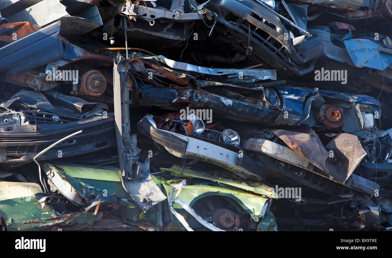 Close-up of pile of cars on scrapyard waiting for recycling , Finland ...