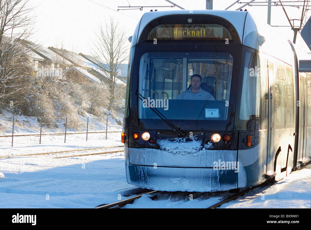 Nottingham express transit tram service early morning after heavy snow ...