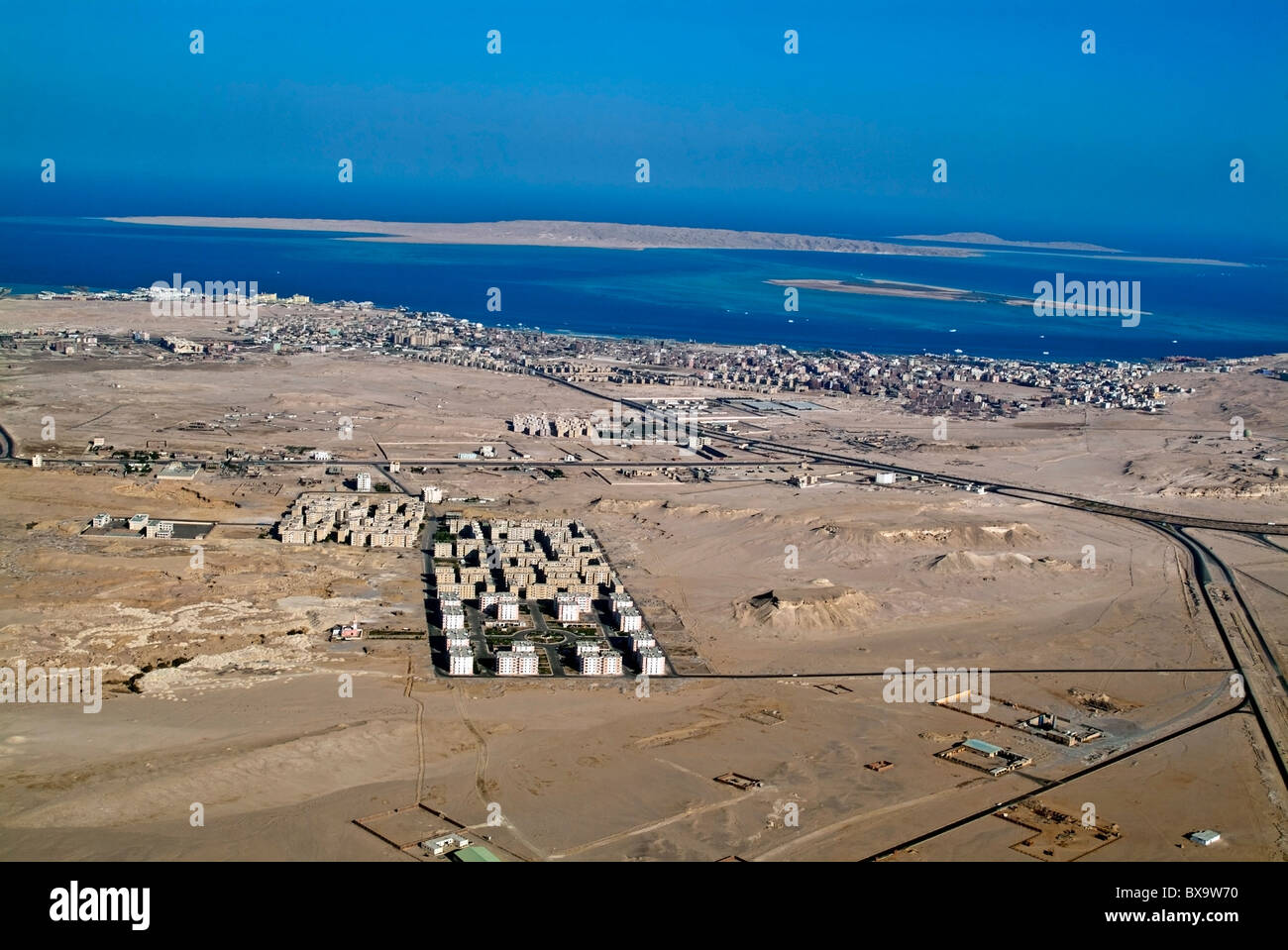 View of coastal town and surrounding desert landscape, Hurghada, Red ...