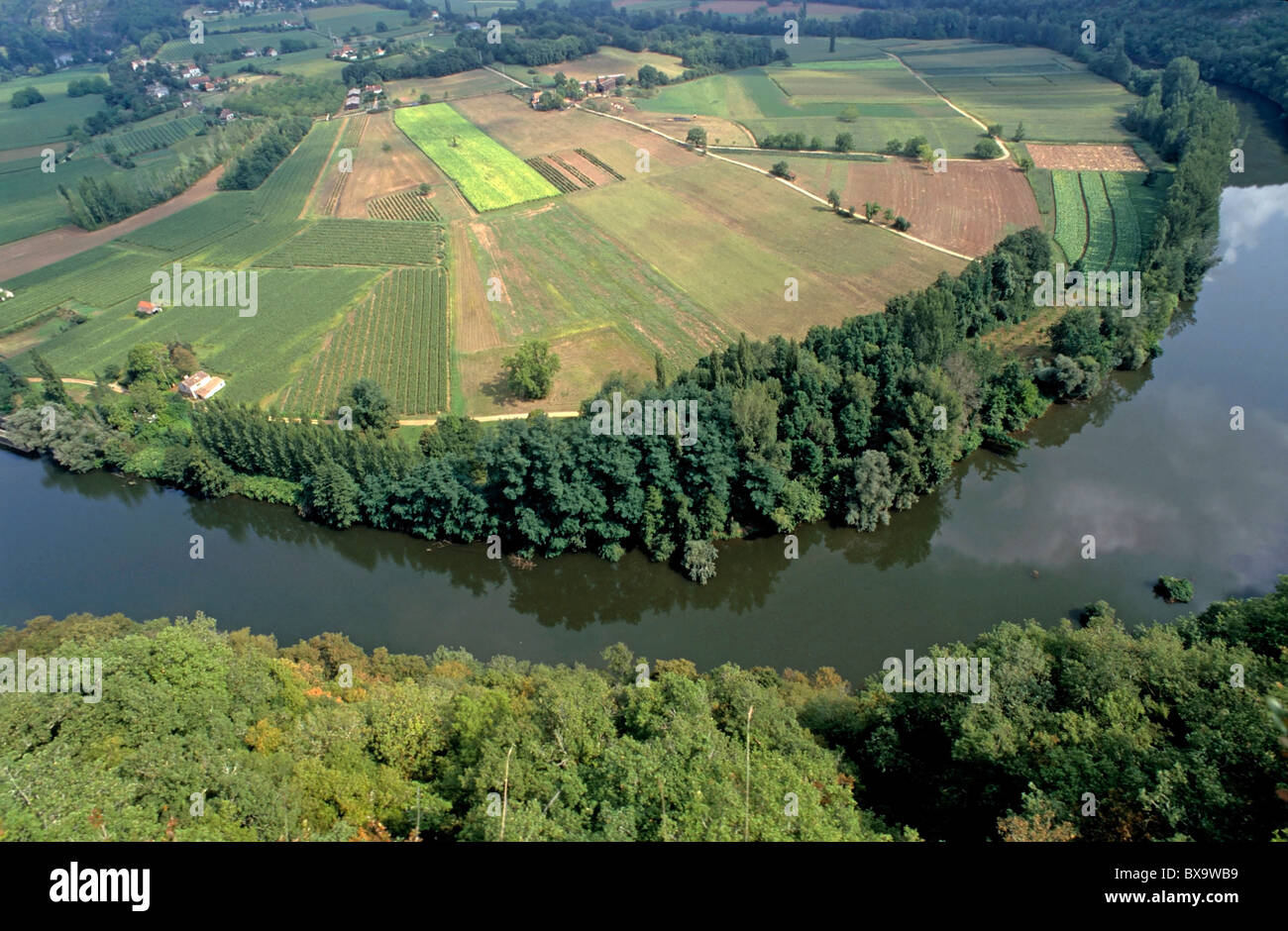 Lot Valley and Lot River surrounded by trees and farms seen from Saut ...