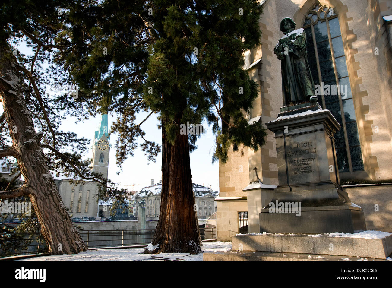Ulrich Zwingli statue near the river Limmat in Zurich, Switzerland ...