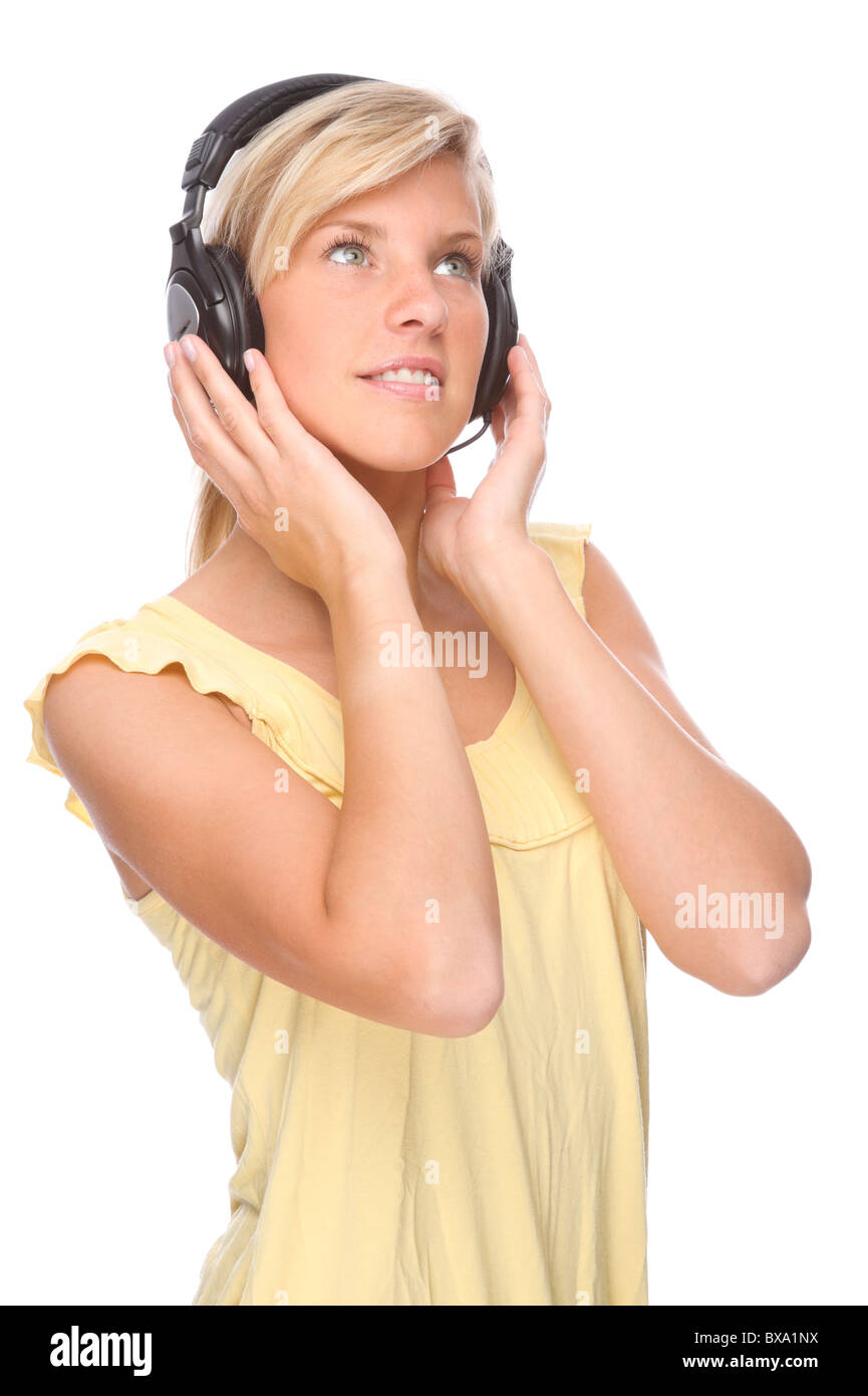 Full isolated portrait of a beautiful woman listen to the music Stock ...