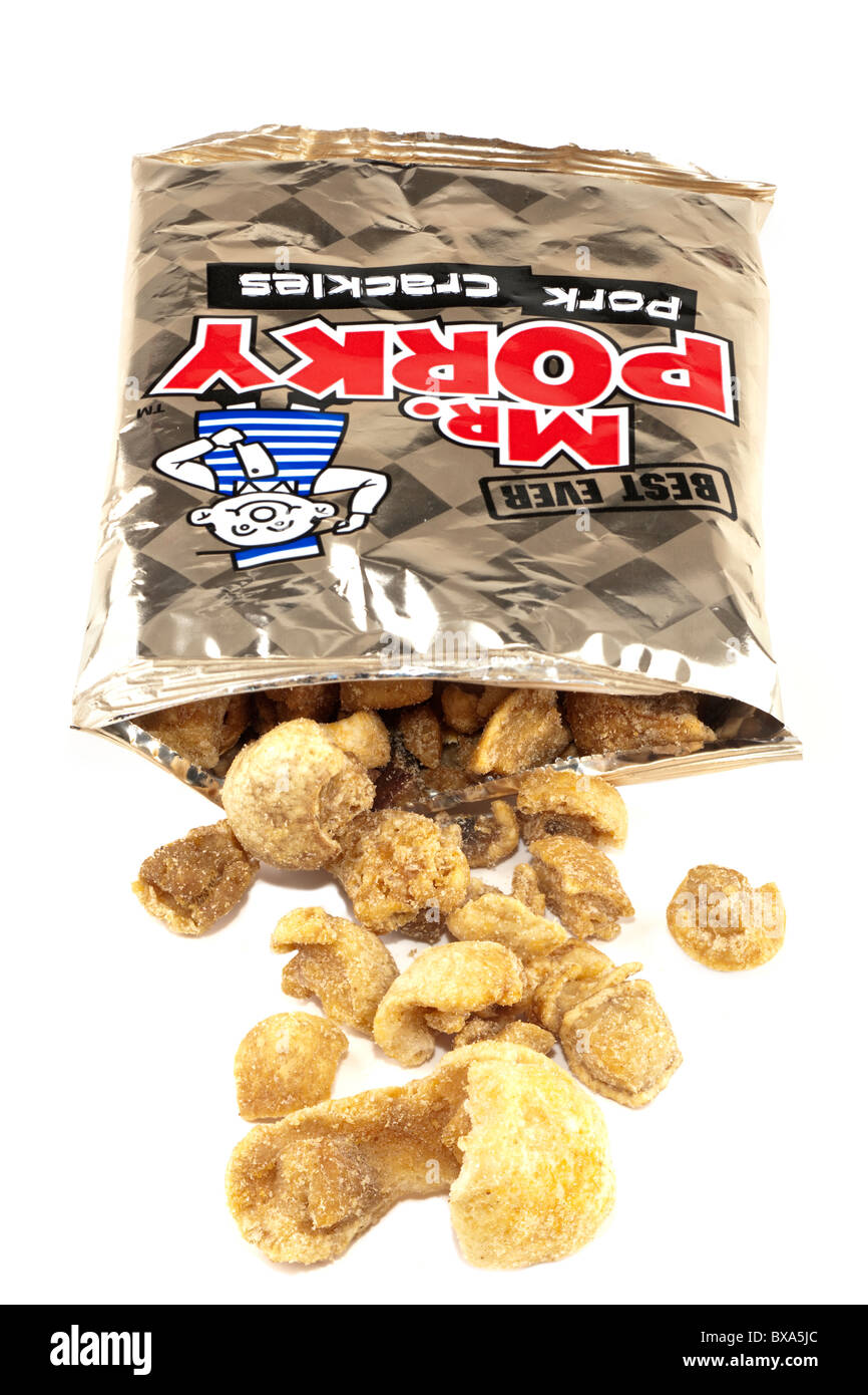 Bag of Mr porky pork crackles seasoned pork rind Stock Photo - Alamy