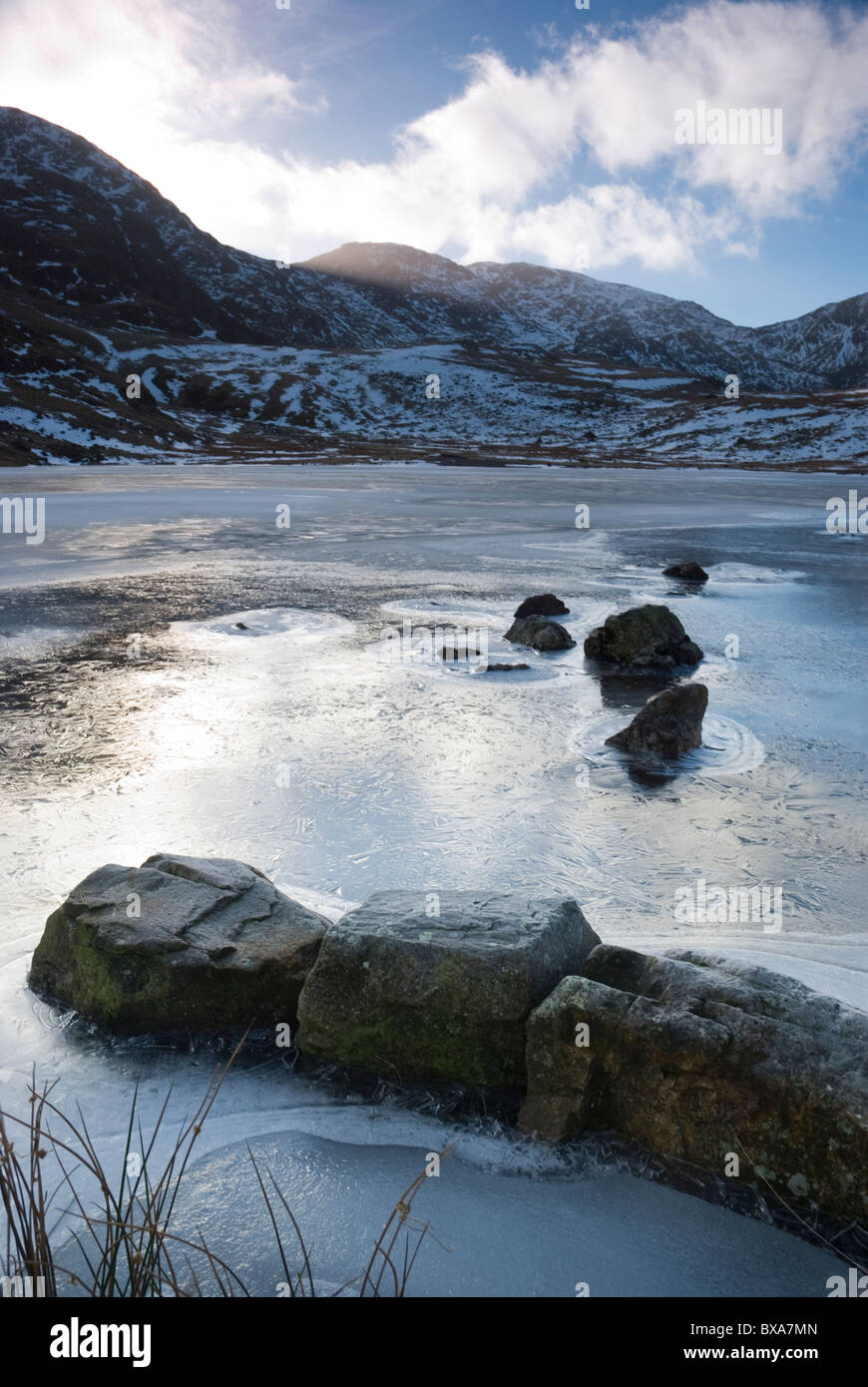 Frozen Styhead tarn in winter with Great End and Scafell Pike beyond ...