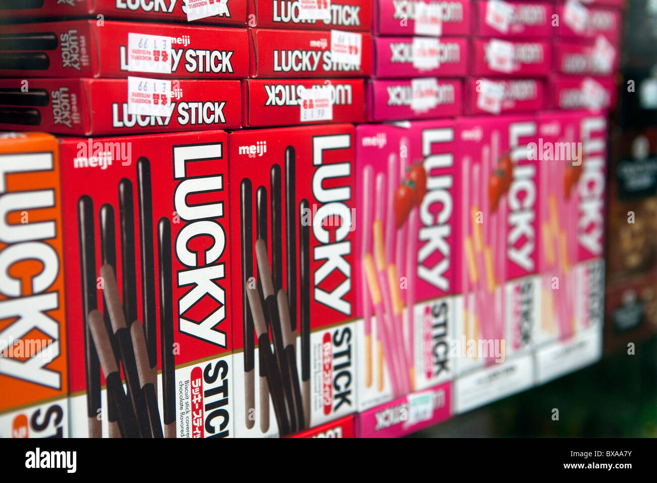 Packs of Luck Stick in shop window in London's China Town Stock Photo ...