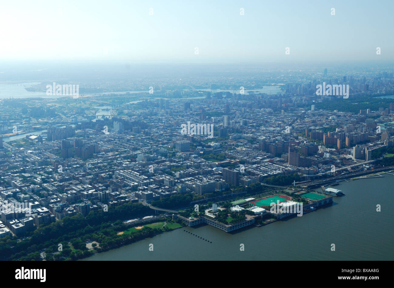Aerial view of Harlem and Riverbank park in hot summer, North Manhattan ...