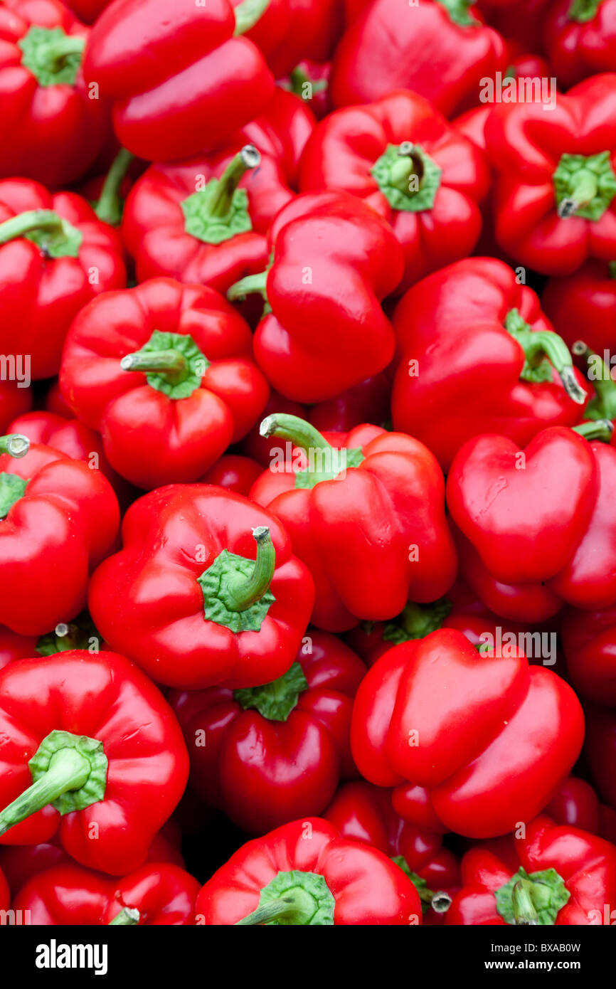 A display of red peppers for sale on a market stall, Kingston, Surrey ...
