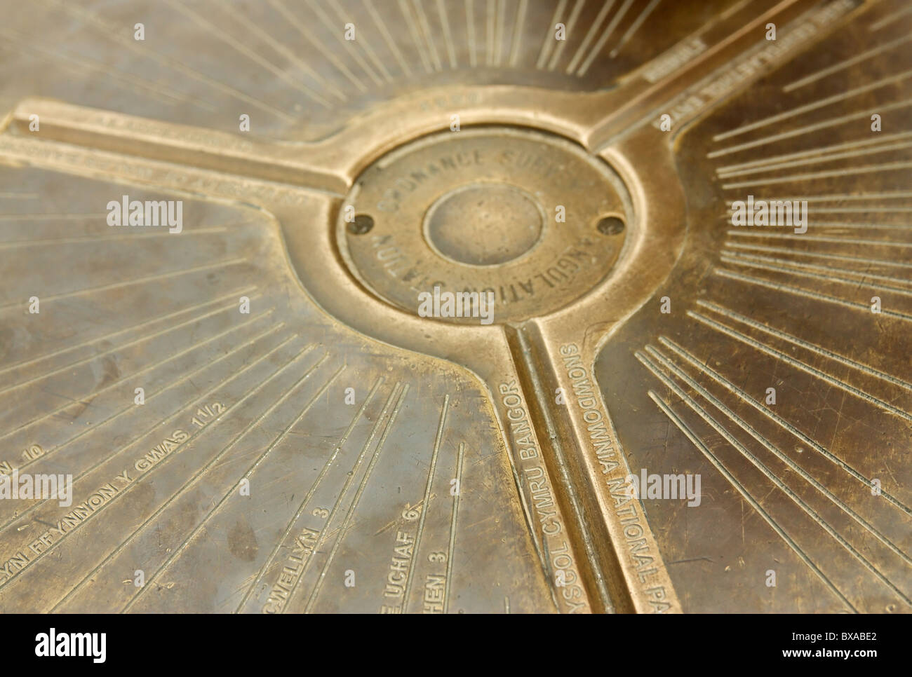 Close up of the triangulation point on the sumit of Snowdon mountain ...
