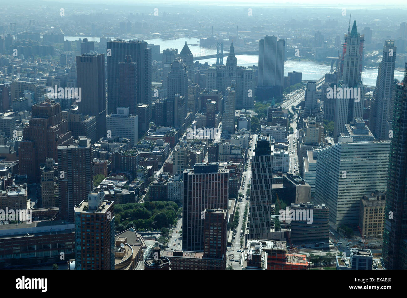 Aerial view of Tribeca in hot summer, South Manhattan, New York city ...