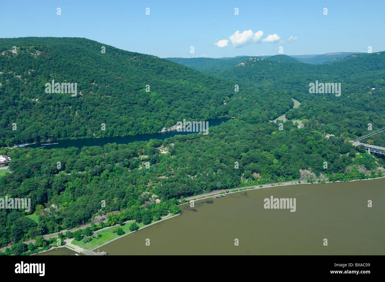 Aerial of Hudson river, Hessian lake and back Bear Mountain state park ...