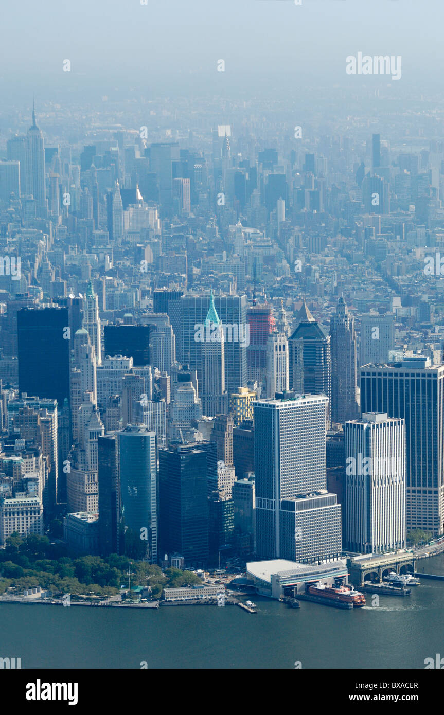 Aerial view of Financial District and Lower Manhattan during an hot ...