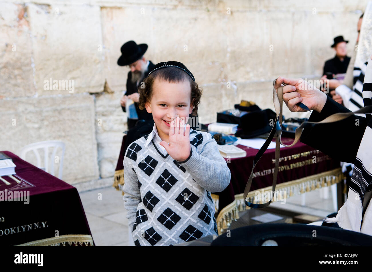 A cute Jewish Orthodox boy standing by the wailing wall ,Jerusalem ...