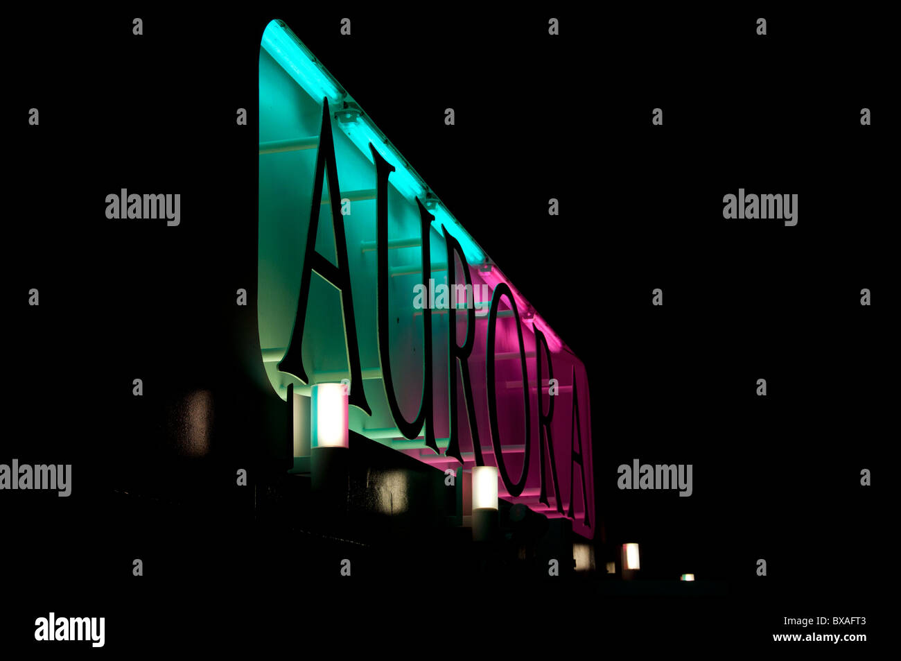 A night shot of the 'Aurora' sign onboard the P&O Cruise Ship 'Aurora ...