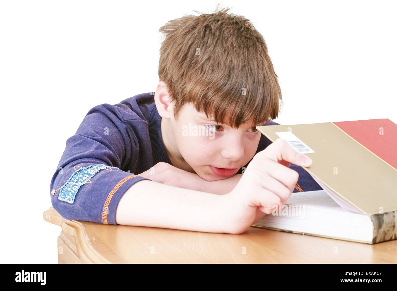 The white boy behind a table looks in the slightly opened book Stock ...