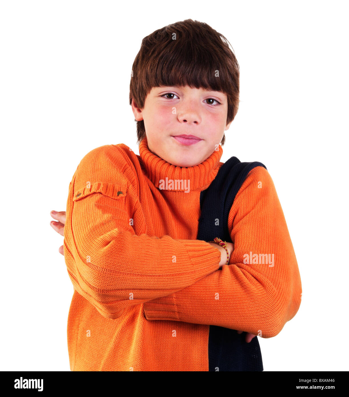 The happy white boy in a yellow sweater on a white background Stock ...