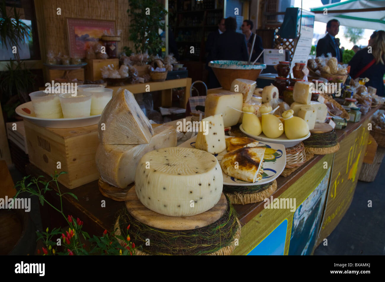 Cheese stall along Via Trieste street market Syracuse Ortigia island ...