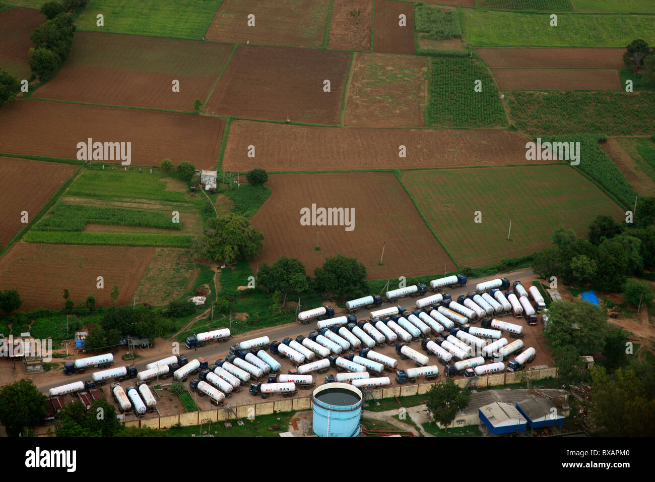 An aerial view of Tankers parked in an oil refinery in Gujarat, india ...