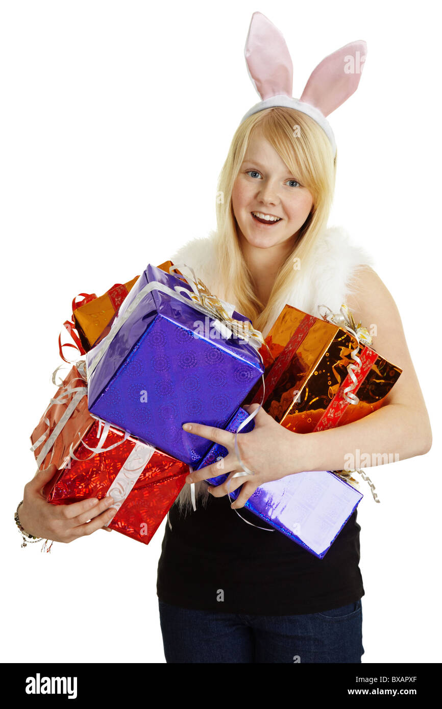 Girl with rabbit ears rejoice many gifts isolated on white background ...