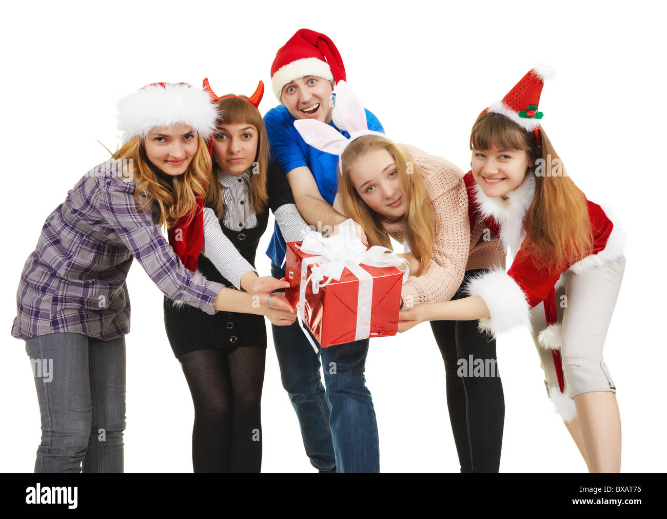 Cheerful people hand over one general gift isolated on a white ...