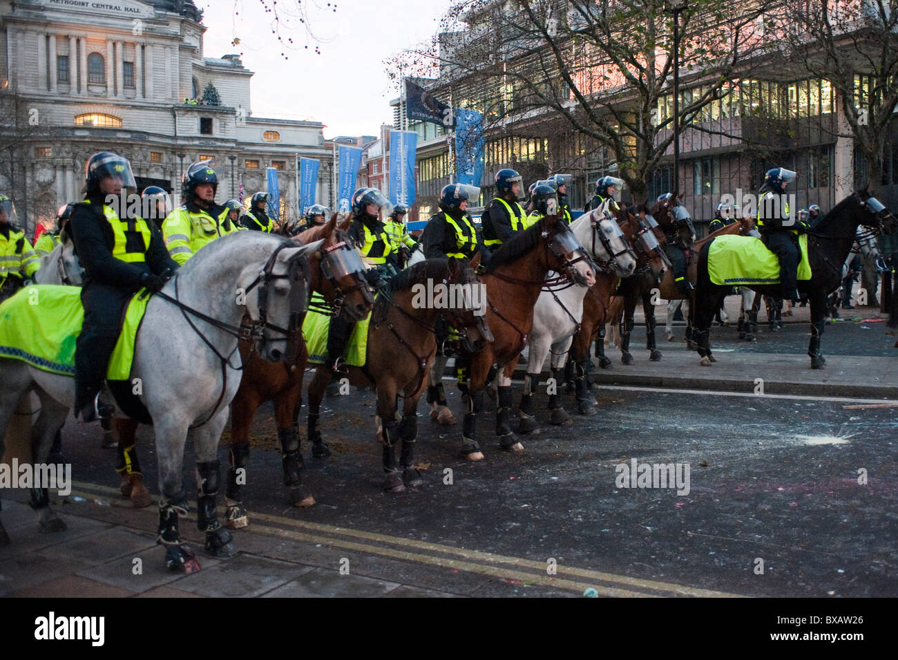 Metropolitan police horses on duty during student riots in London in ...