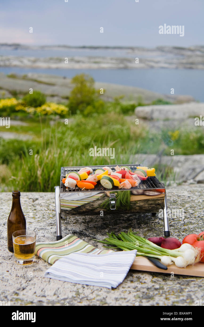 Barbecue grill with vegetables on rock Stock Photo - Alamy