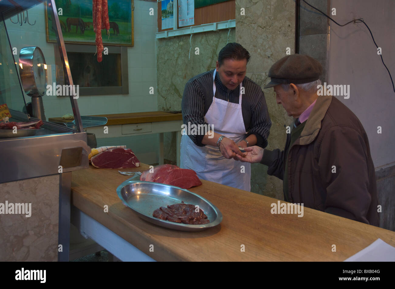 Butcher shop at Ballarmo market central Palermo Sicily Italy Europe ...