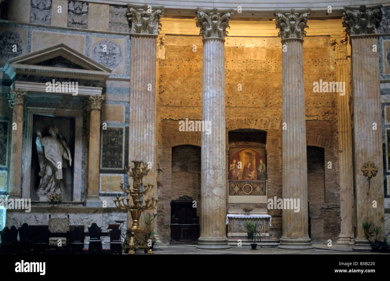 Statues, ornate columns and paintings inside the Pantheon, Rome, Italy ...